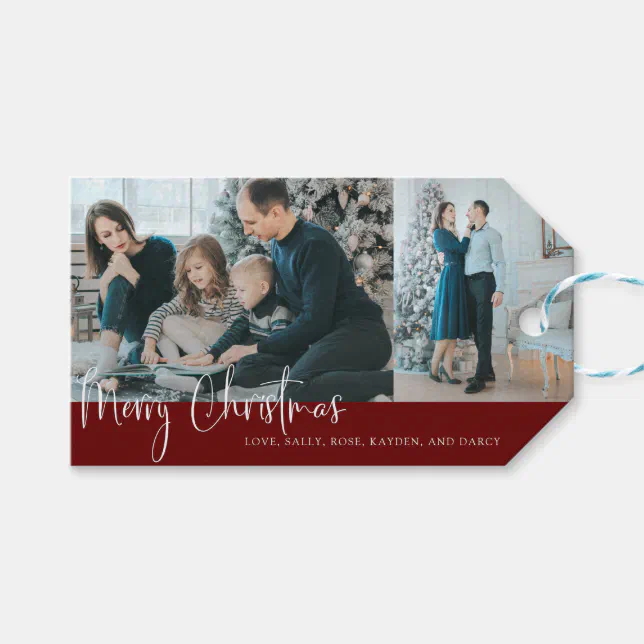 Holiday Merry Christmas Script 2 Photo Collage Red Gift Tags | Zazzle
