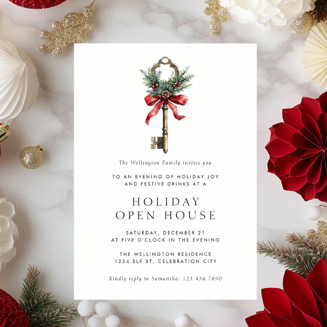 Holiday Open House Festive Key Christmas Party Invitation | Zazzle