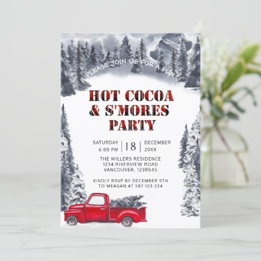 Holiday Party, Hot Cocoa and S mores Buffalo Plaid Invitation | Zazzle