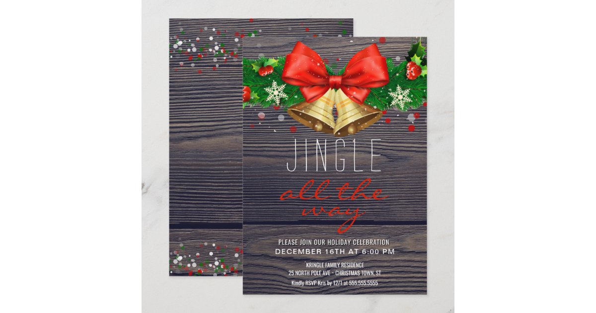 Holiday Party Jingle All the Way Gold Bells Rustic Invitation | Zazzle