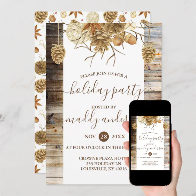 Holiday Party Rustic Country Wood Pine Cone Invitation | Zazzle