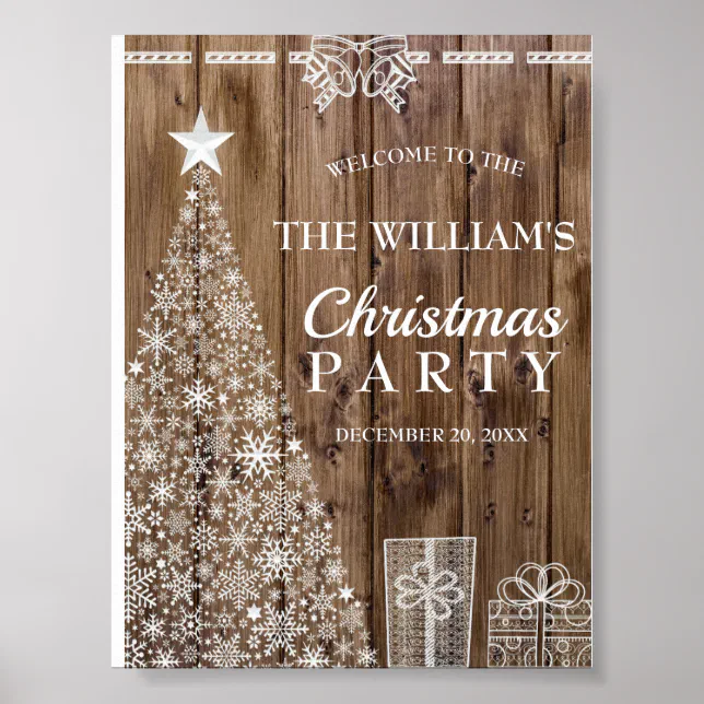Holiday Party Rustic Wood Christmas Tree Welcome Poster | Zazzle