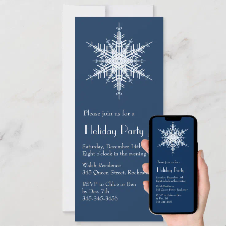 Holiday Party Snowy Navy Snowflake Invitation | Zazzle