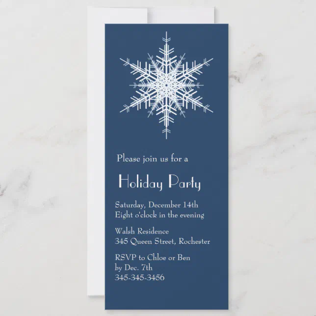 Holiday Party Snowy Navy Snowflake Invitation | Zazzle
