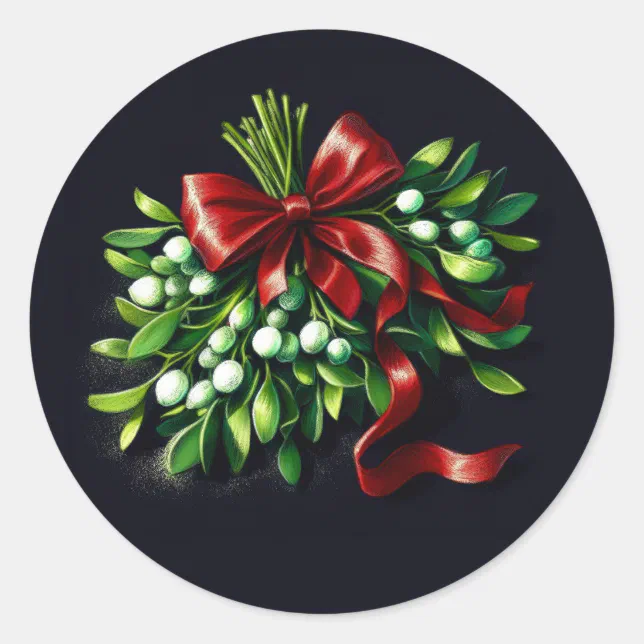 Holiday Pastel Drawing Mistletoe Ribbon Classic Round Sticker | Zazzle