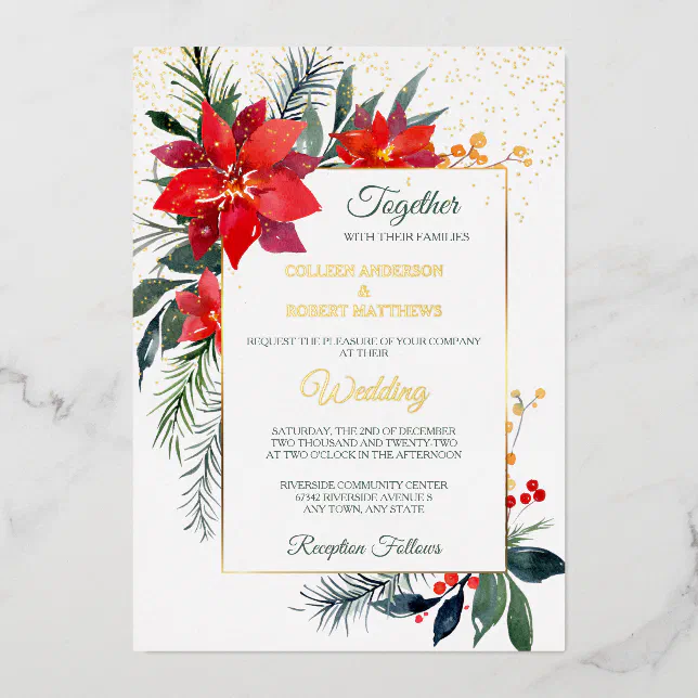 Holiday Red Poinsettia Gold Frame Wedding Foil Invitation | Zazzle