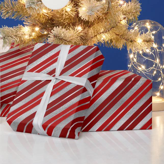 Holiday Silver Foil and Red Christmas Stripes Wrapping Paper | Zazzle