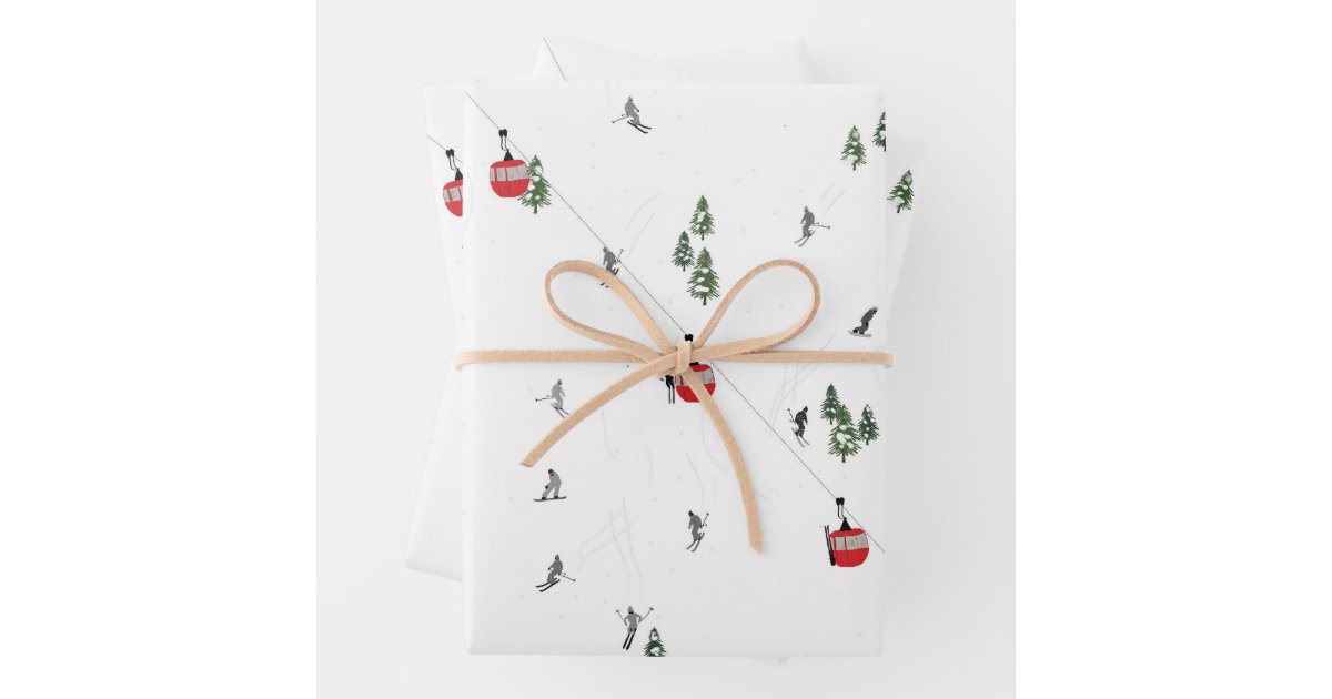 Holiday Skiing Red Ski Lift Illustration Wrapping Paper Sheets | Zazzle