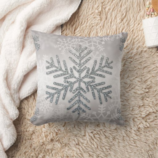 Holiday Snowflake with Silver Glitter Throw Pillow | Zazzle