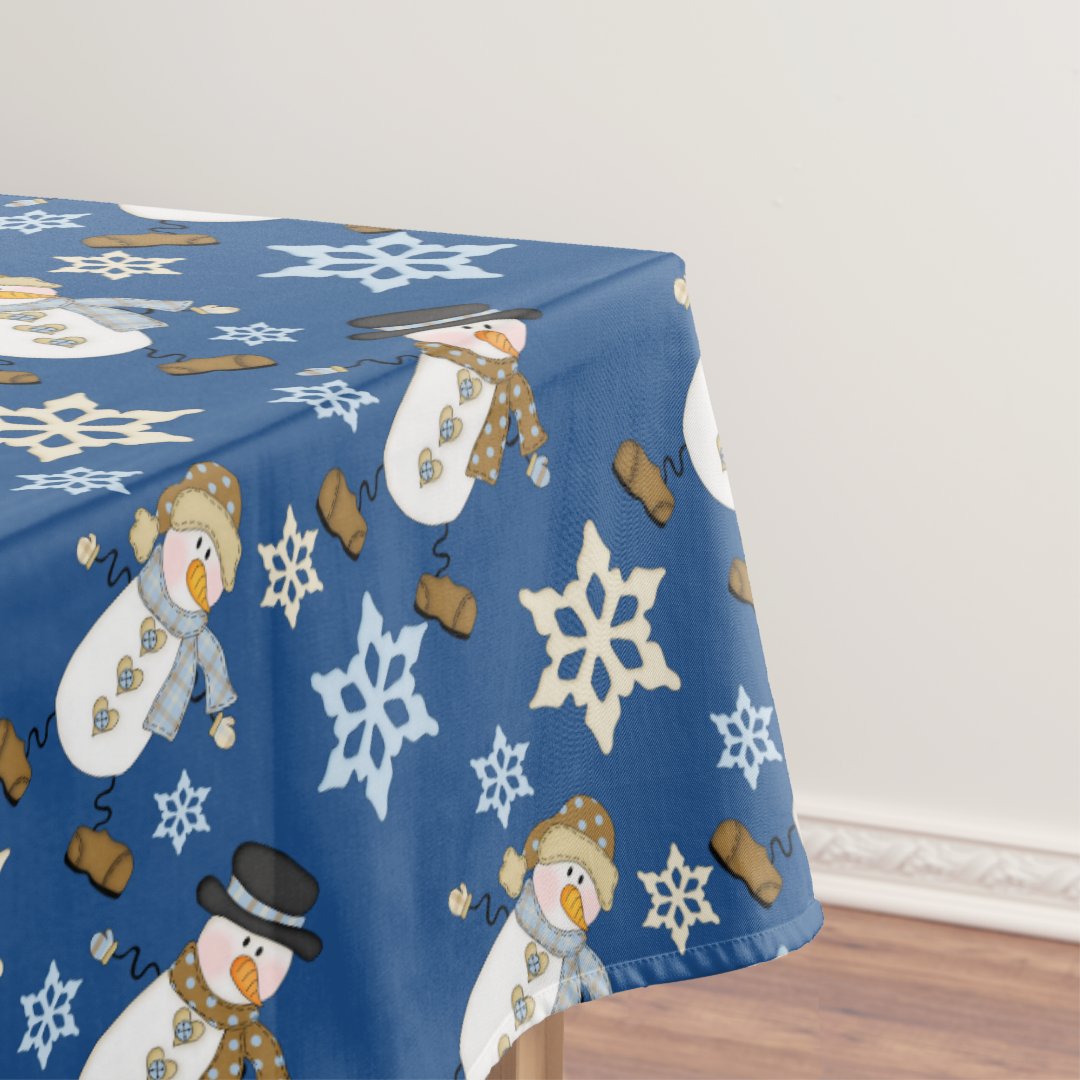 Holiday Snowman Snowflake Blue Tablecloth | Zazzle