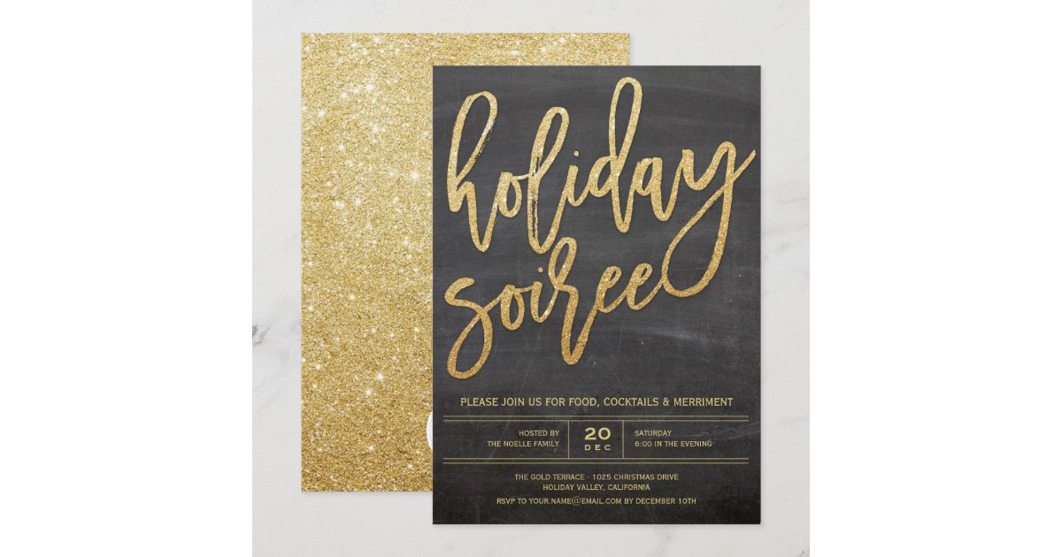 Holiday Soiree Glitter Chalkboard Party Invite | Zazzle