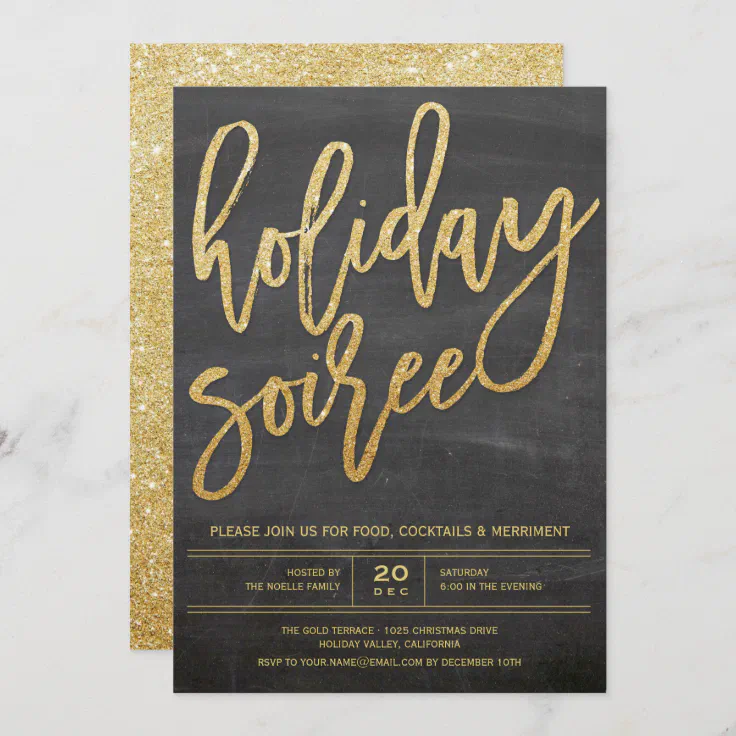 Holiday Soiree Glitter Chalkboard Party Invite | Zazzle