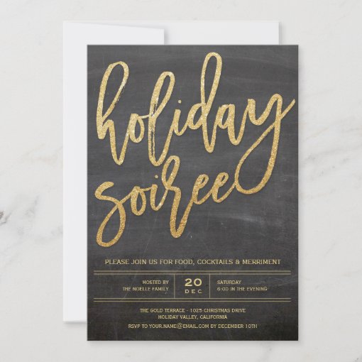 Holiday Soiree Glitter Chalkboard Party Invite | Zazzle