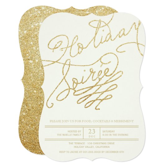 Holiday Soiree Gold Glitter Script Party Invite | Zazzle.com