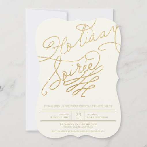 Holiday Soiree Gold Glitter Script Party Invite | Zazzle