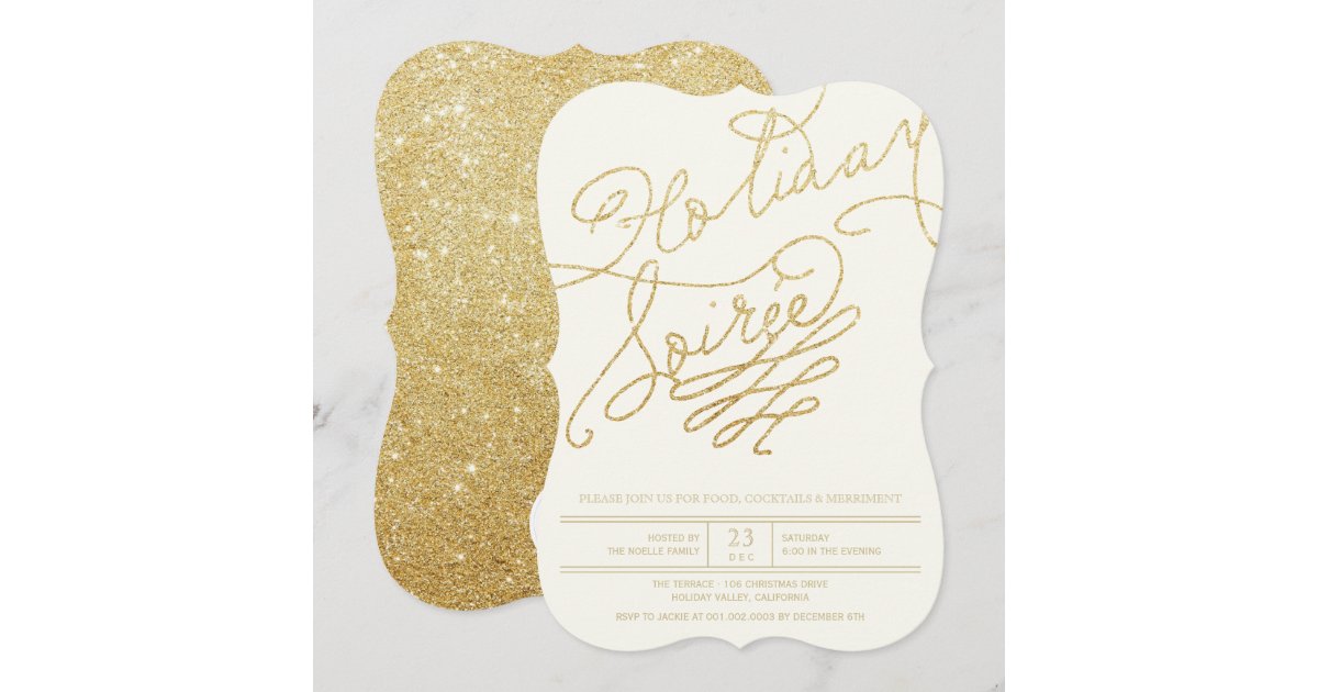 Holiday Soiree Gold Glitter Script Party Invite | Zazzle