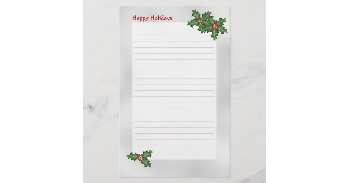 Holiday Themed, Green Holly Lined Writing Paper | Zazzle