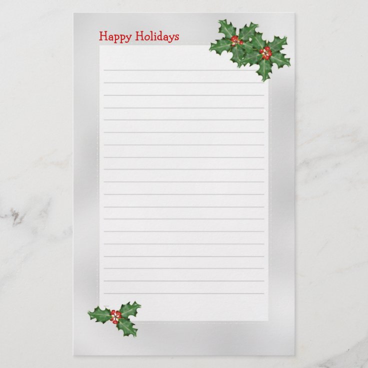 Holiday Themed, Green Holly Lined Writing Paper | Zazzle
