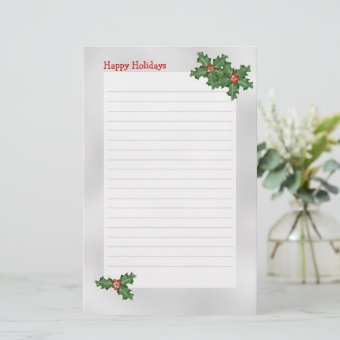 Holiday Themed, Green Holly Lined Writing Paper | Zazzle