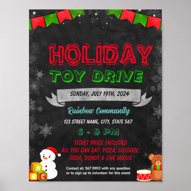 Holiday toy drive event template poster | Zazzle