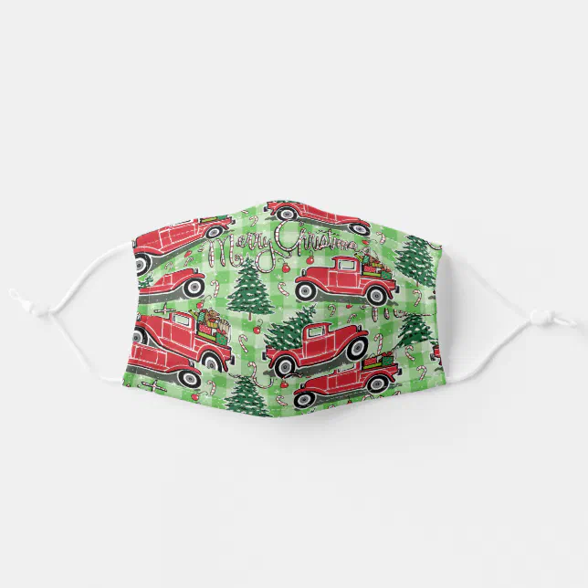 Holiday Vintage Red Truck Merry Christmas Plaid Adult Cloth Face Mask ...