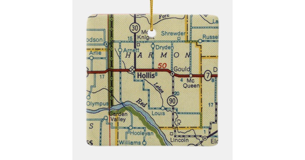 Hollis OK Retro Map Ceramic Ornament | Zazzle