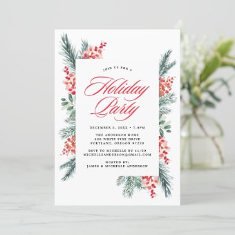 Holly and Evergreen Holiday Party Invitation | Zazzle