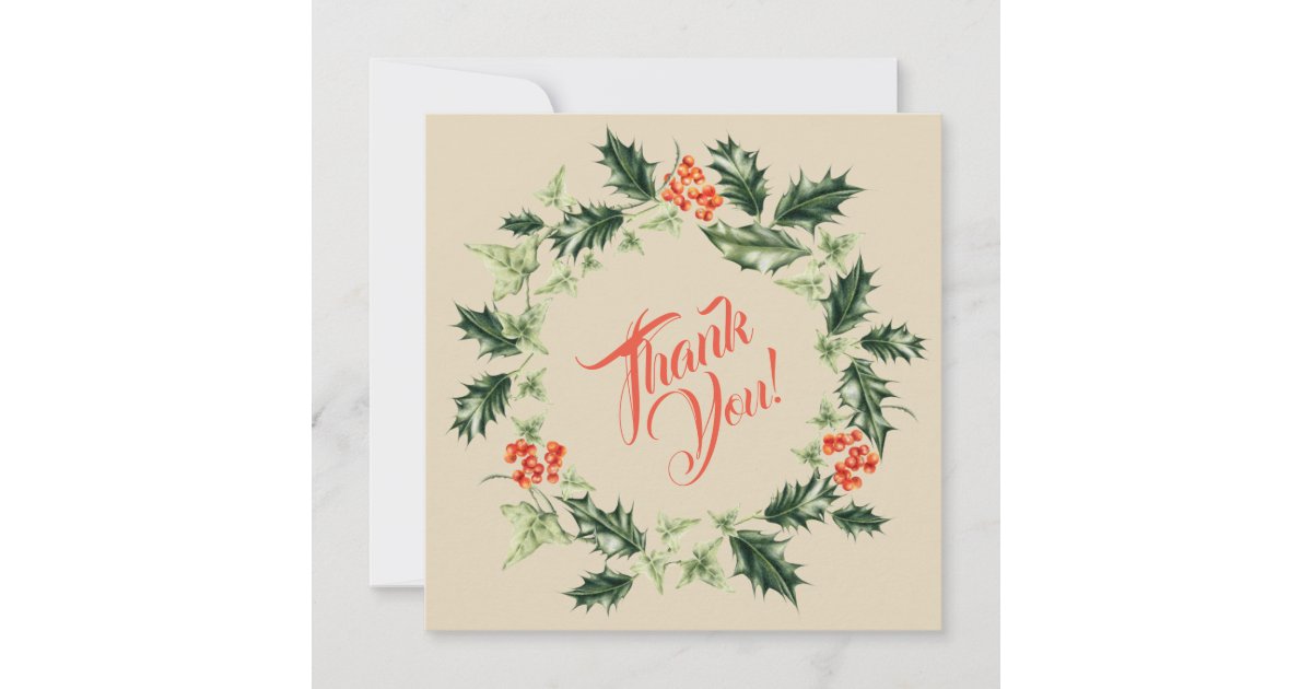 Holly and Ivy Botanical Christmas Wreath Thank You Card | Zazzle