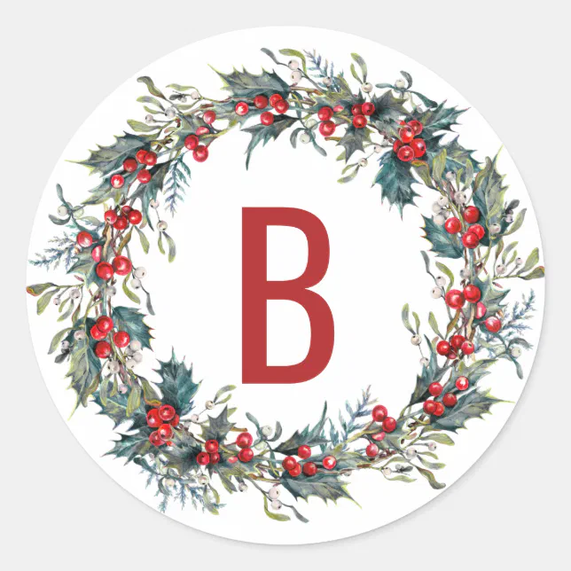 Holly and Mistletoe Wreath Monogram Stickers | Zazzle