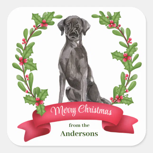 Holly Banner Black Labrador Retriever Christmas Square Sticker | Zazzle