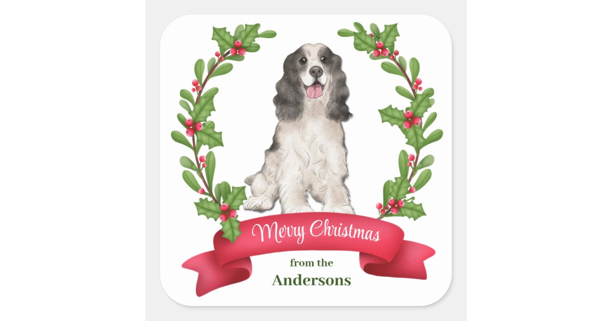Holly Banner Parti Color Cocker Spaniel Christmas Square Sticker | Zazzle