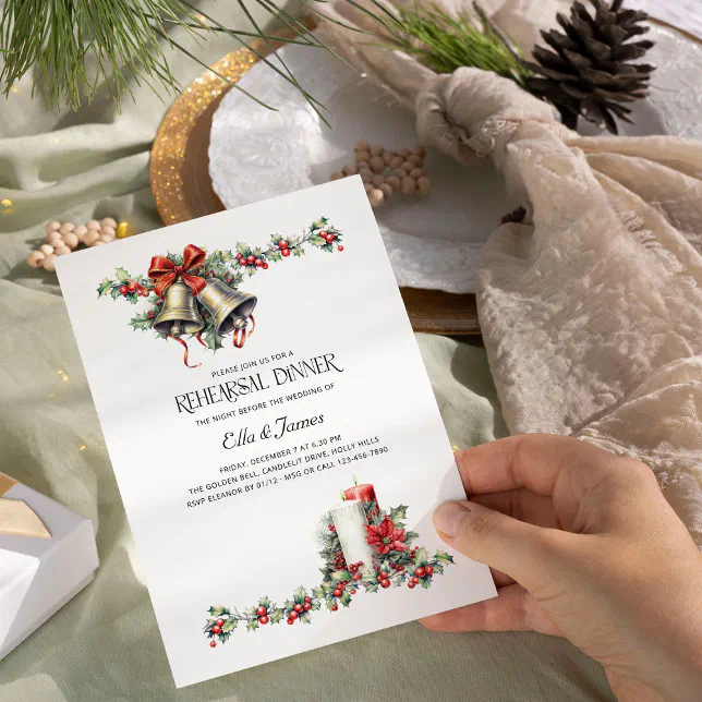 Holly Bells Candle Winter Wedding Rehearsal Dinner Invitation | Zazzle