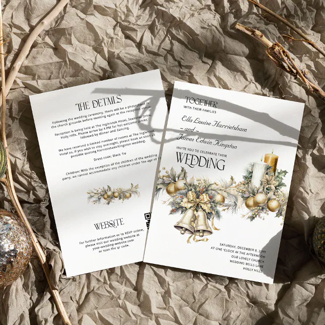 Holly Bells Golden Berries Winter Wedding Details Invitation | Zazzle