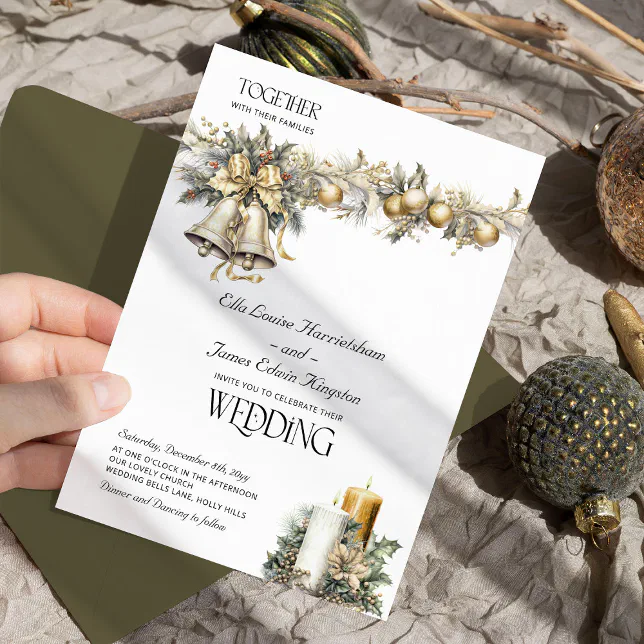 Holly Bells Golden Berries Winter Wedding Invitation | Zazzle