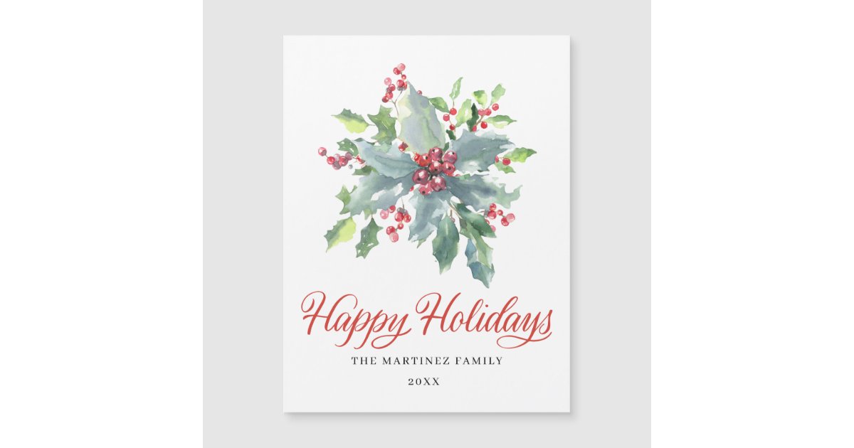 Holly Berry Happy Holidays Magnetic Card | Zazzle