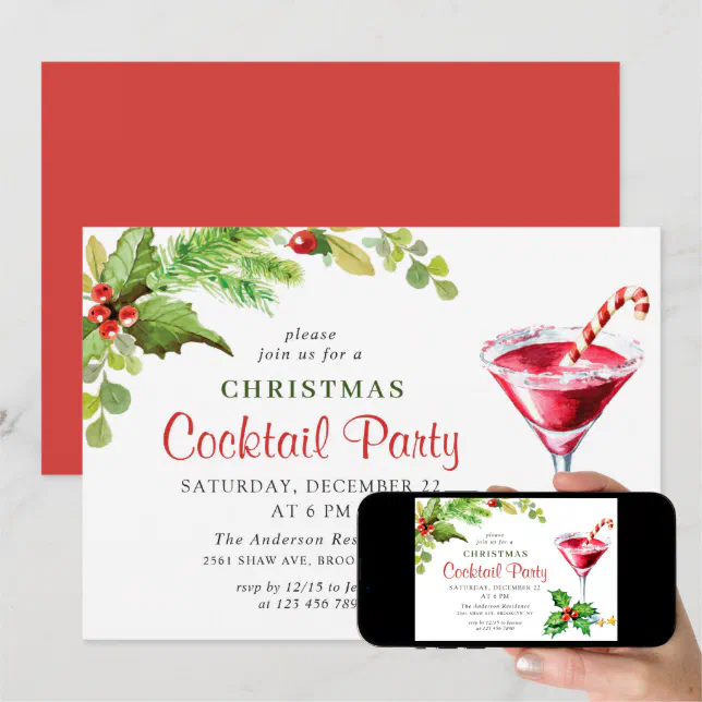Holly Berry Holiday Christmas Cocktail Party Invit Invitation | Zazzle