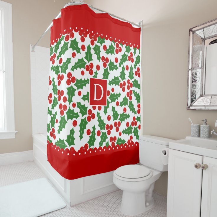 Holly berry scalloped borders monogram Christmas Shower Curtain | Zazzle