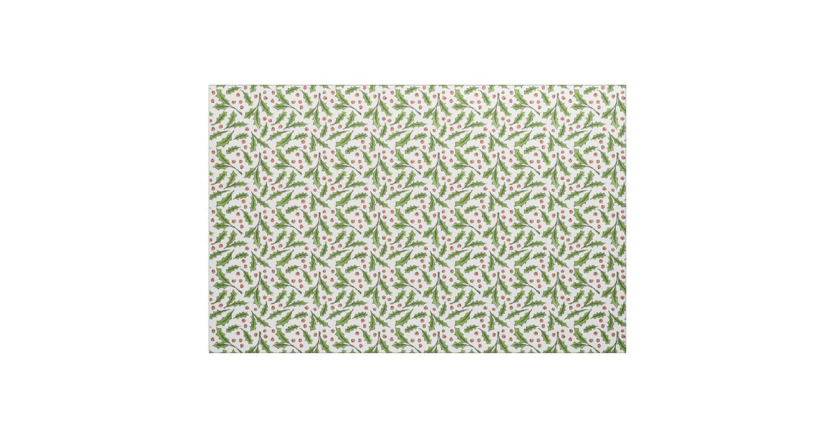 Holly Berry Sprig Pattern Fabric | Zazzle