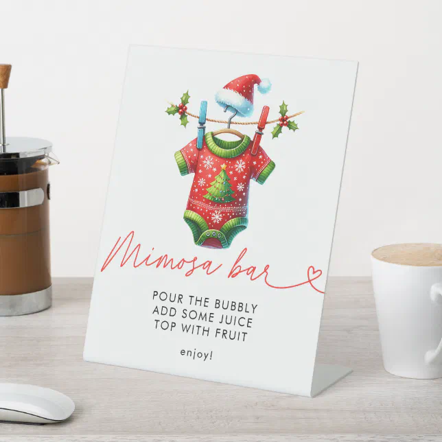 Holly Christmas Santa Baby Shower Mimosa Bar Pedestal Sign | Zazzle
