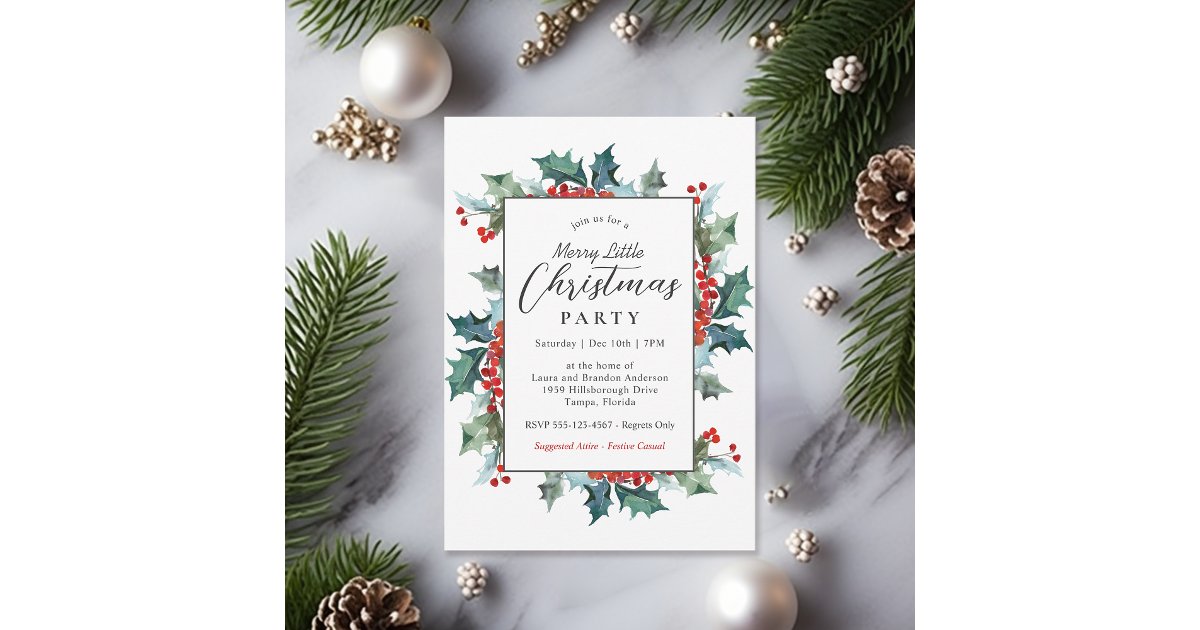 Holly Evergreens Merry Little Christmas Party Invitation | Zazzle