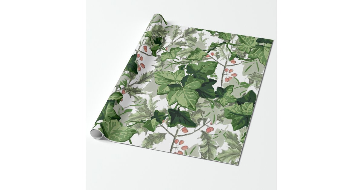 Holly Ivy Vintage Christmas Greenery Leaf Vine Red Wrapping Paper | Zazzle
