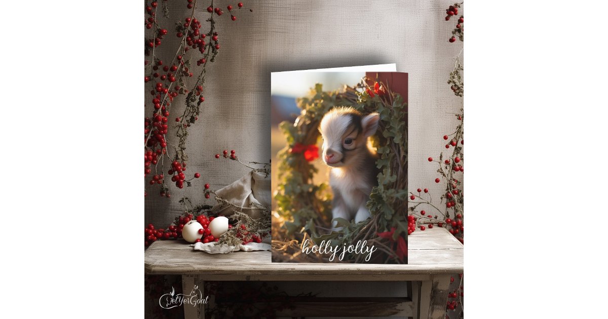 Holly Jolly Nigerian Dwarf Baby Goat Card | Zazzle
