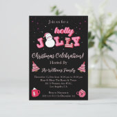 holly jolly pink black christmas party invitation | Zazzle