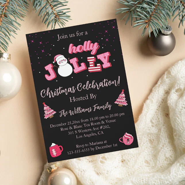 holly jolly pink black christmas party invitation | Zazzle
