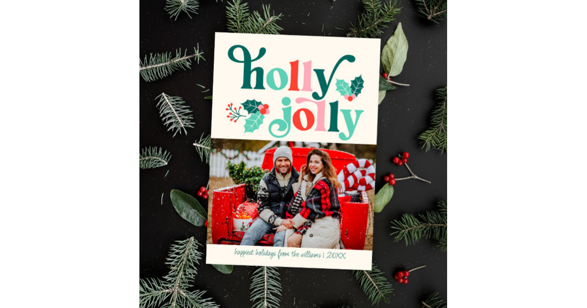 Holly Jolly Retro Family Photo Holiday Card | Zazzle