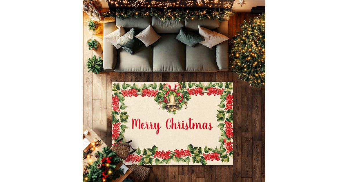 Holly Leaves and Berries Merry Christmas Rug | Zazzle