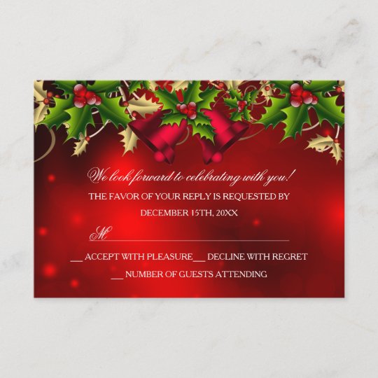 Holly Leaves & Bell Red Christmas Party RSVP | Zazzle.com