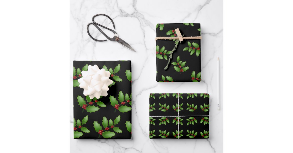 Holly Leaves Black Christmas Wrapping Paper Sheets | Zazzle