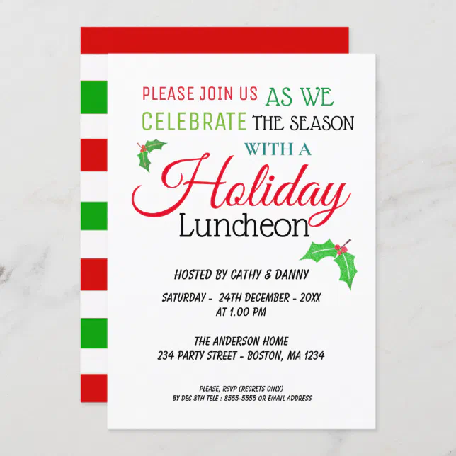 Holly Leaves Christmas Luncheon Invitation | Zazzle
