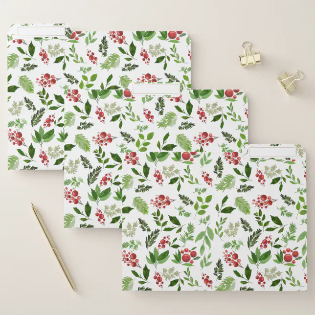 Holly Leaves Red Berries Holiday Pattern Modern File Folder | Zazzle